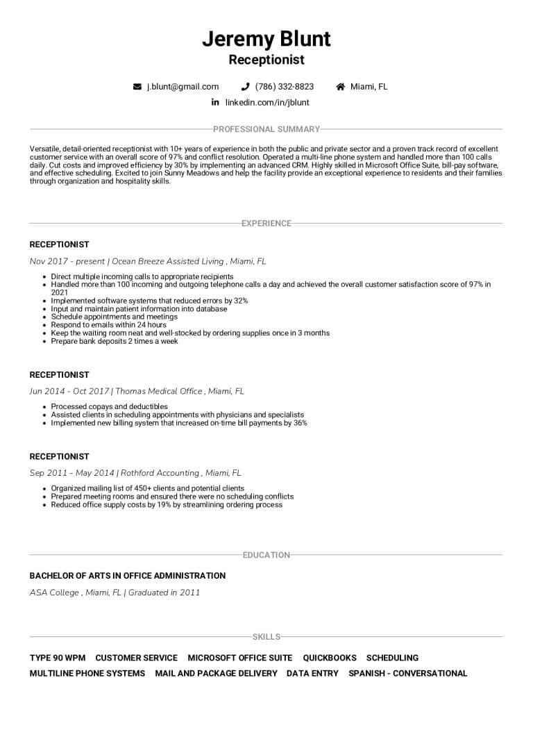 Receptionist Resume: Examples, Guide And Writing Tips